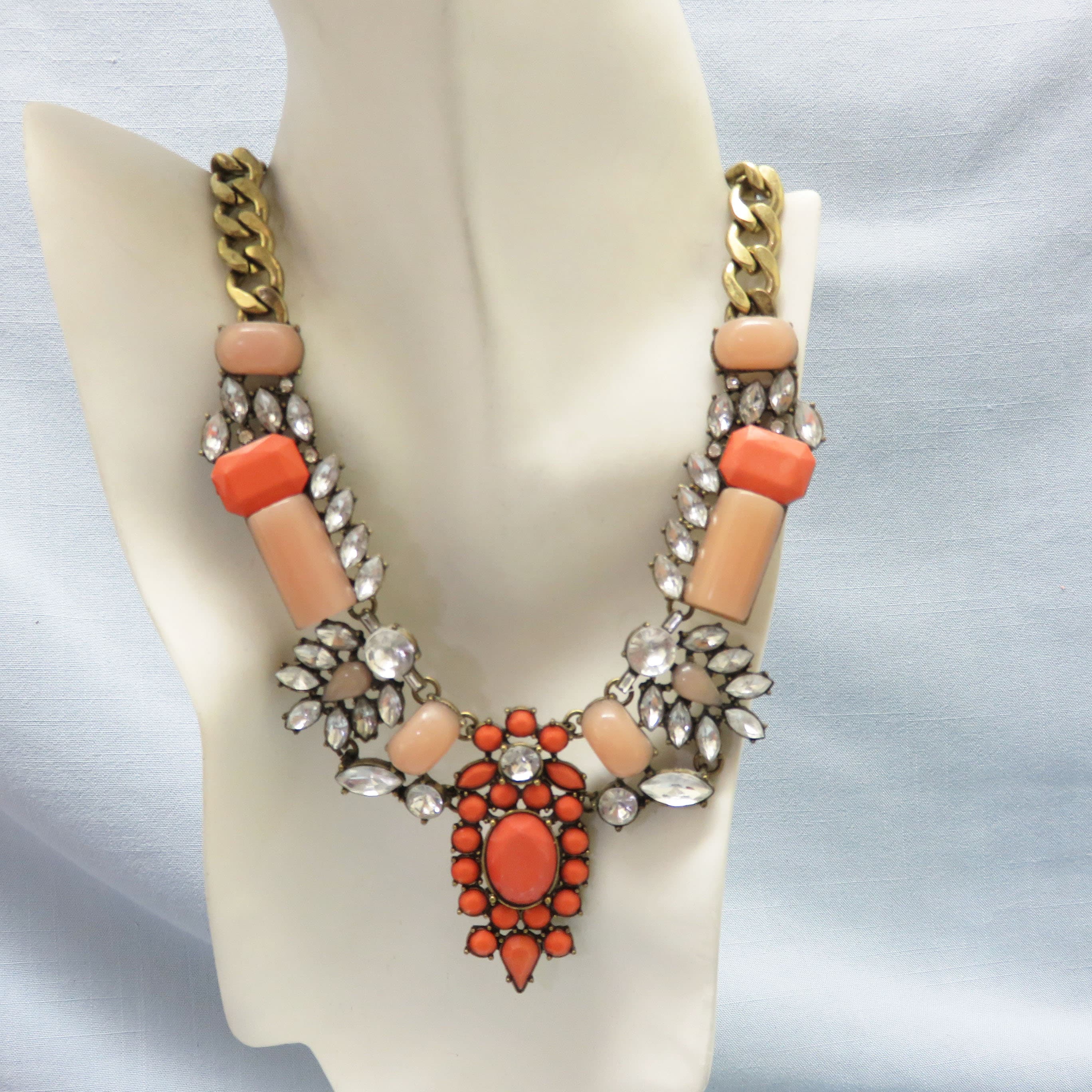 Chunky 2000s Plastic Bead and Rhinestone Necklace, 21 Inches, Coral and ...