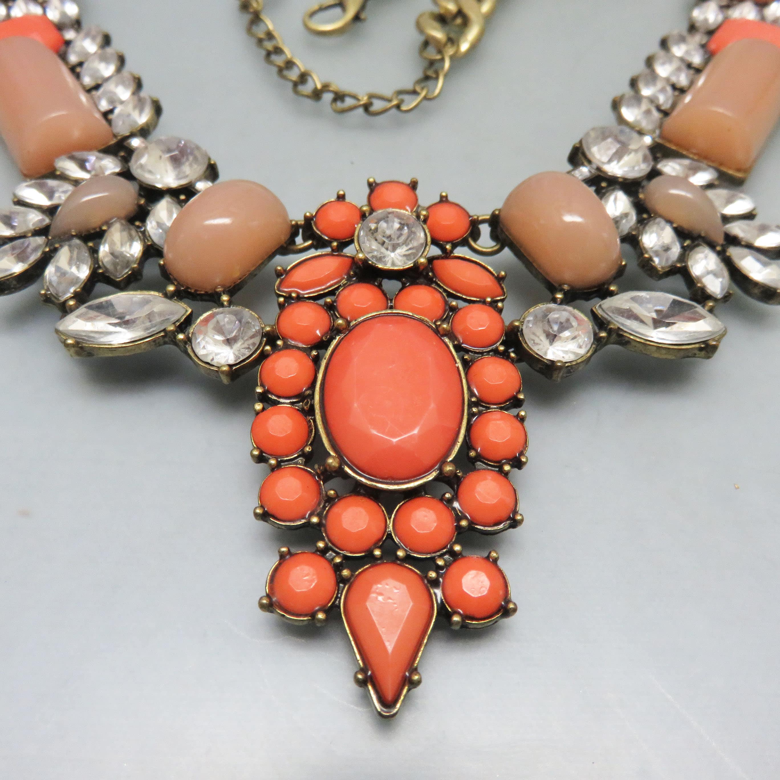 Chunky 2000s Plastic Bead and Rhinestone Necklace, 21 Inches, Coral and ...