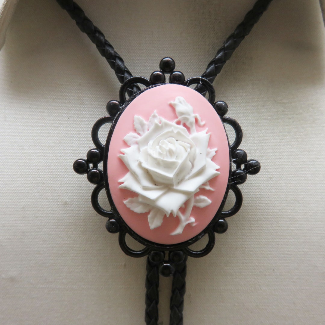 Elegant White Roses on Pink Cameo Bolo Tie, Very Gothic, Black, Pink ...