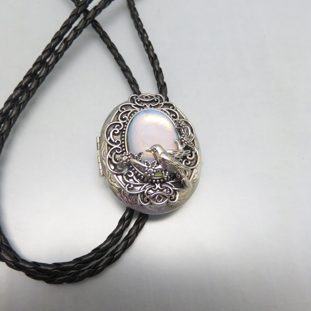Hand Made Locket Bolo Tie, Silver Floral Locket, Opaline Gem Bolo Tie ...