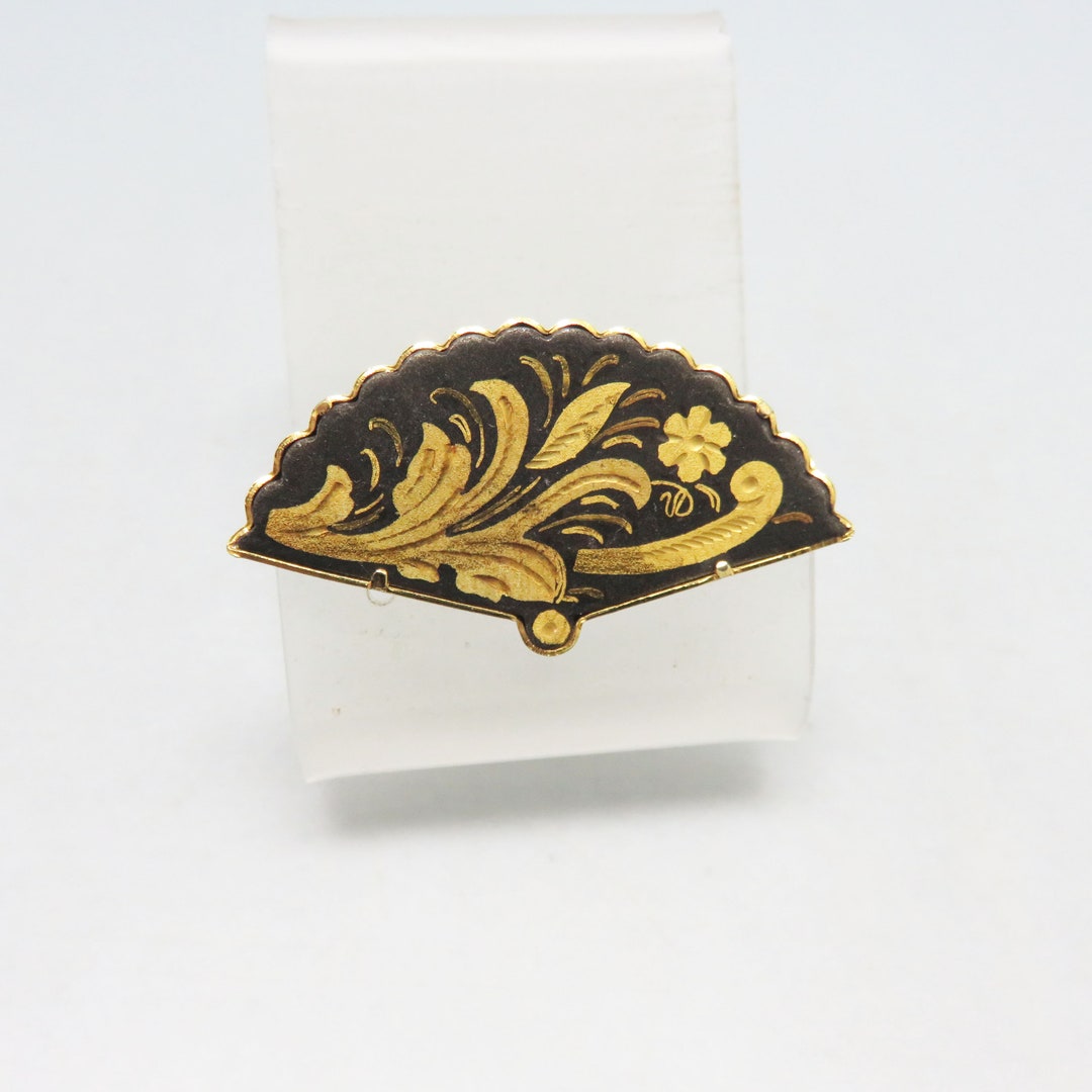 Vintage Damascene Enamel Gold Plated Fan Pin - Etsy
