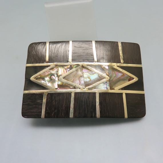 1970s Inlay Gray Abalone Shell Belt Buckle, Mexican W… - Gem
