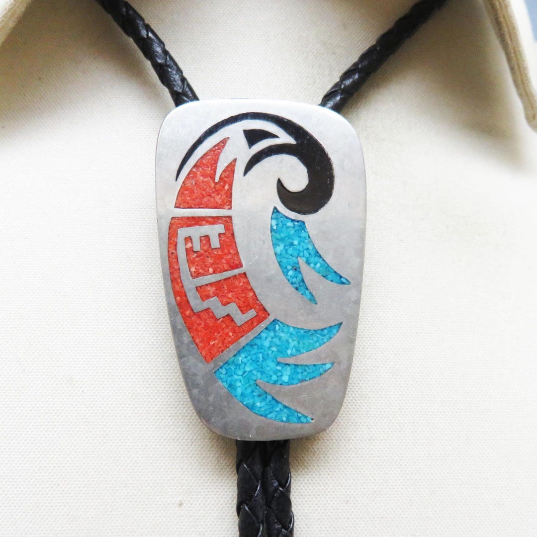 Vintage 1980s Modern Native American Style Bolo Tie, Inlaid Turquoise ...