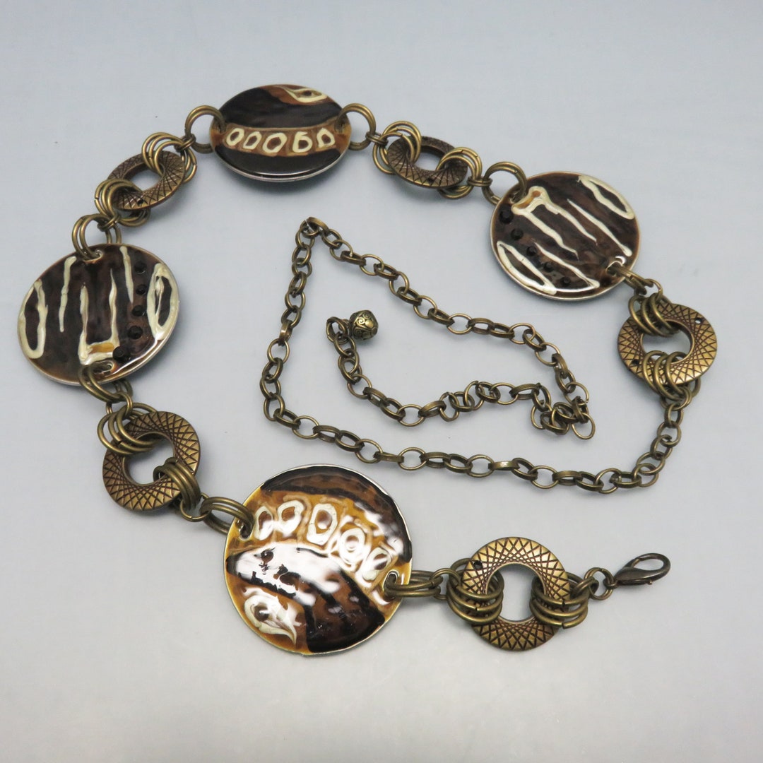 Vintage Brown Enameled Disc Chain Belt, 26 Inches With a 24 Inch Tail ...