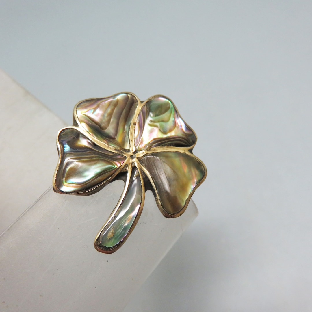 Mexican Alpaca Silver and Abalone Shell Shamrock Pin, Vintage 1970s ...