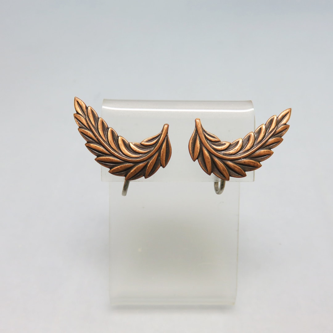 Vintage Copper Metal Feather Screw Back Earrings - Etsy
