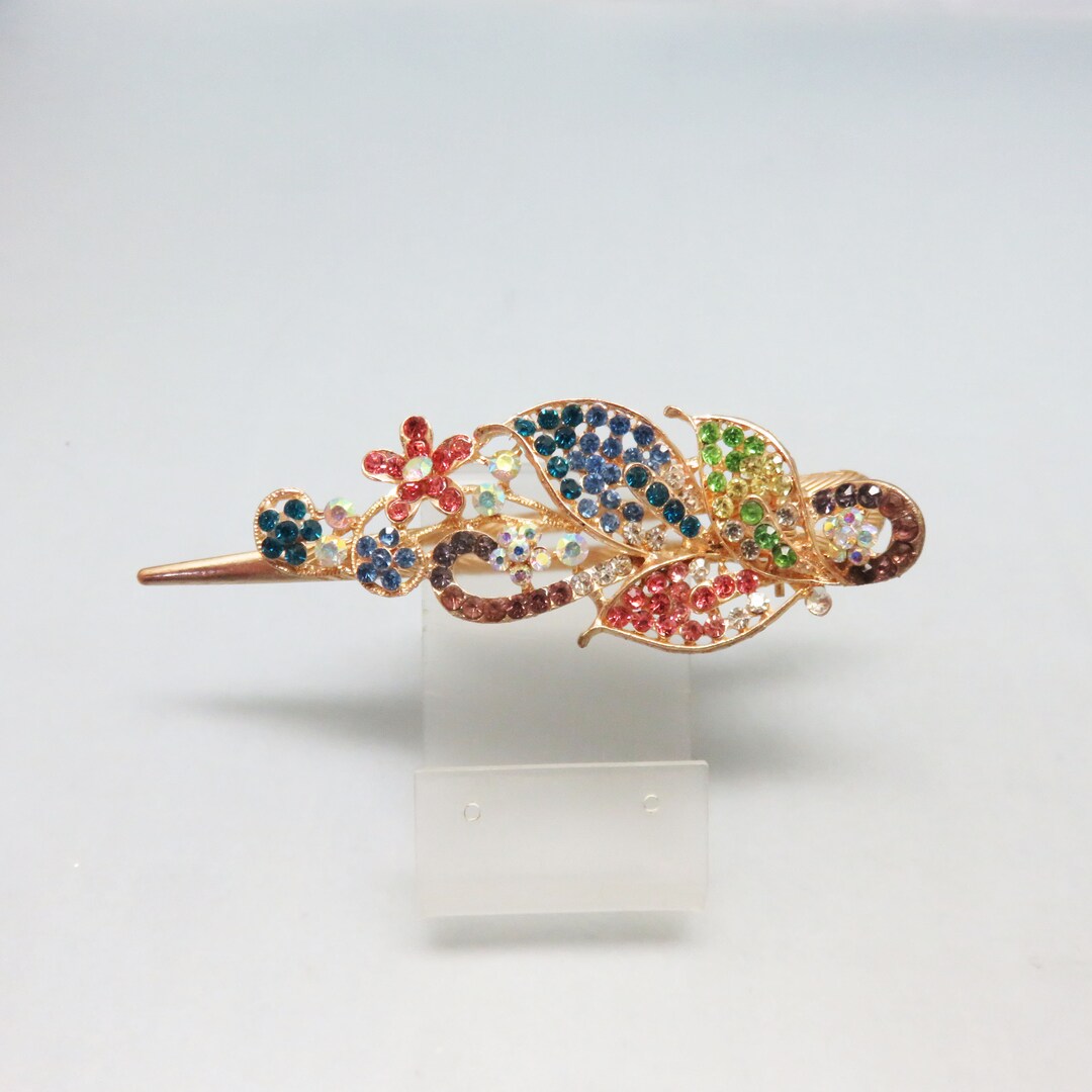 Vintage Huge Multi Color Rhinestone Flower Hair Clip, Rose Goldtone ...