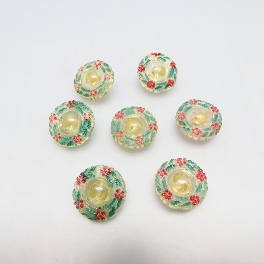 Set of 7 Vintage Clear Plastic Buttons, Red and Green Hand Painted ...