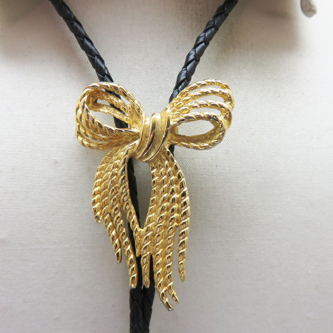 Handmade Golden Bow Bolo Tie: Victorian Style, Black Leather Cord - Etsy