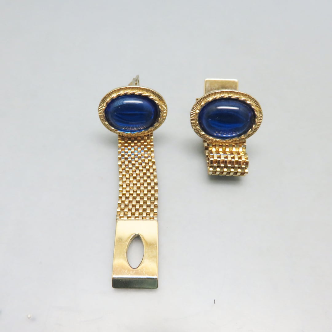 Gold Wraparound Cufflinks, Vintage, Blue Glass Jewel Center, Jeweled ...