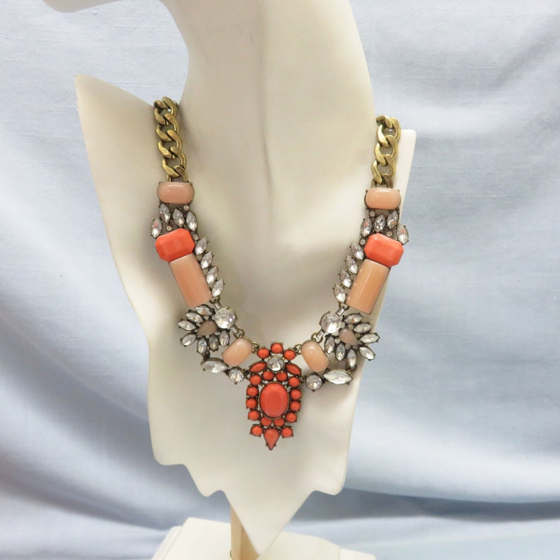 Chunky 2000s Plastic Bead and Rhinestone Necklace, 21 Inches, Coral and ...