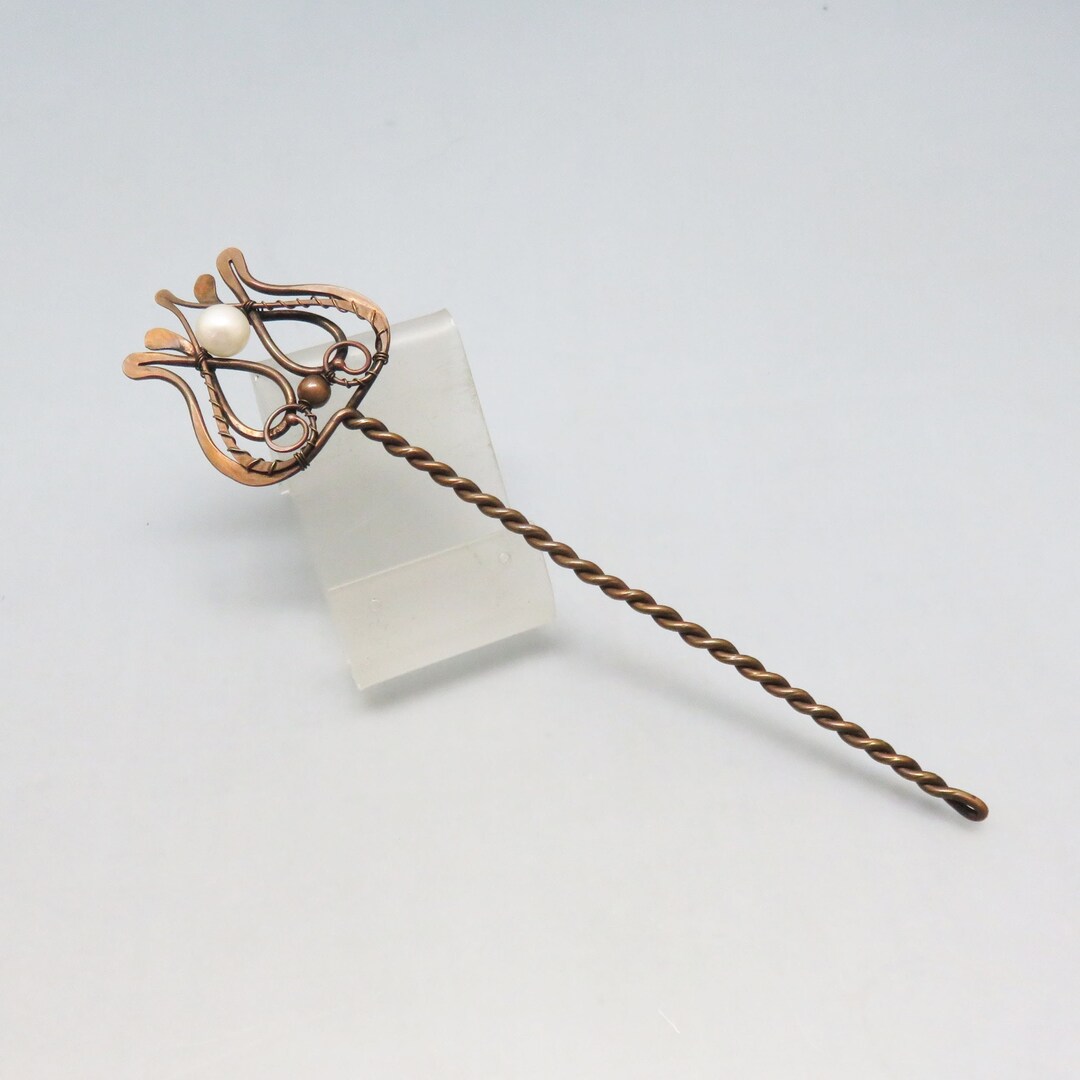 Vintage Antique Bronze Metal Hair Stick, Lyre Design, Real Pearl Accent ...