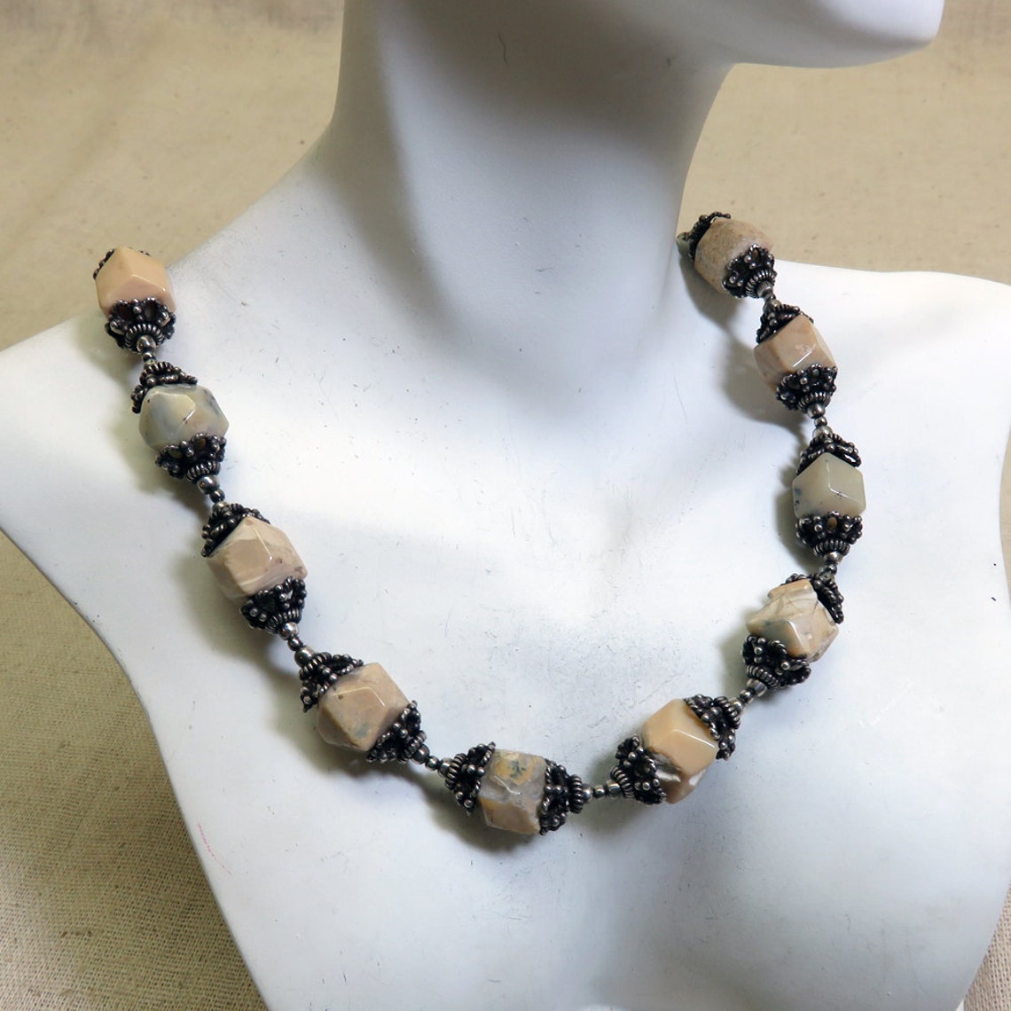 Beige Agate Bead Sterling Silver Necklace, Vintage - Etsy
