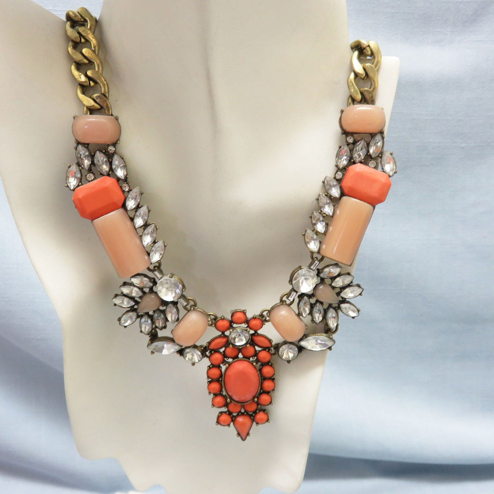 Chunky 2000s Plastic Bead and Rhinestone Necklace, 21 Inches, Coral and ...