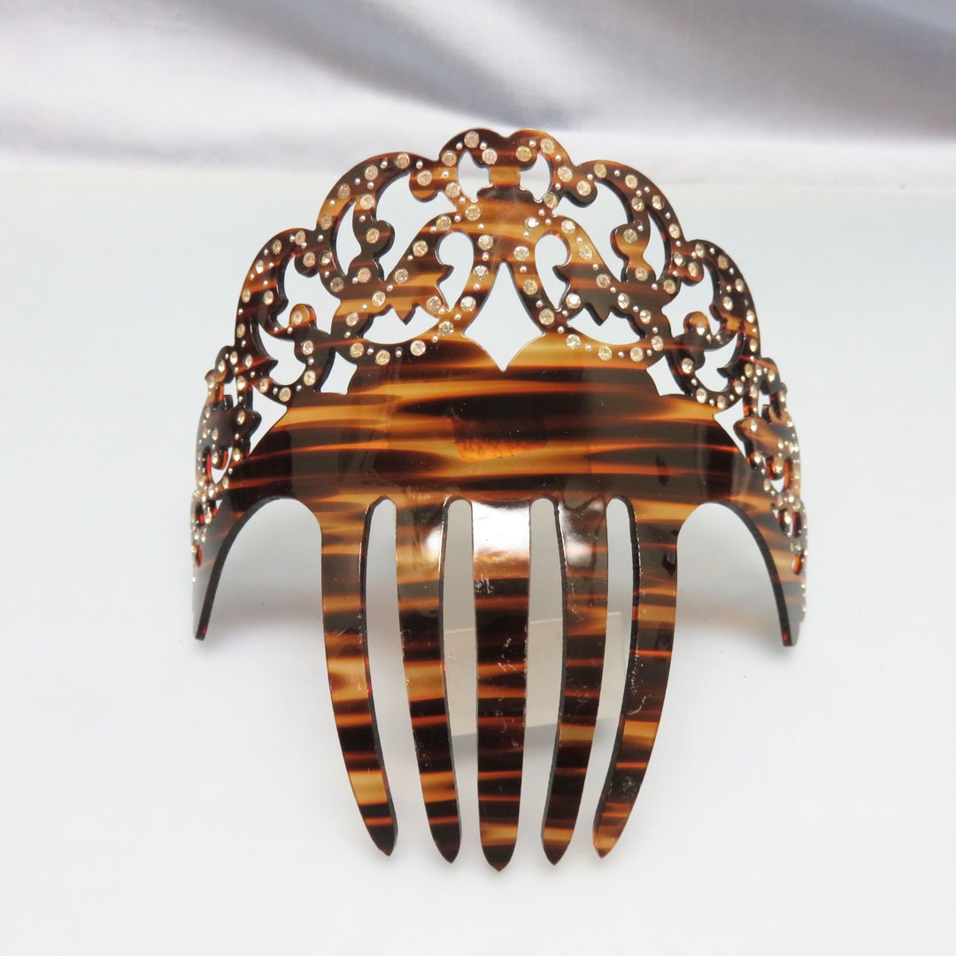 Victorian Style Celluloid Tortoise Shell Hair Comb, Clear Rhinestone ...