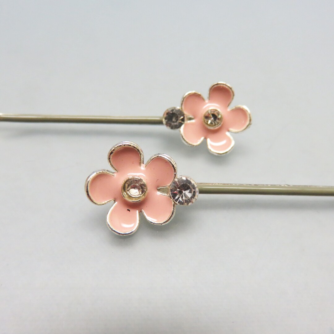 Enamel Flower Bobby Pins, Vintage Rhinestone Flower Hair Pins, Pink and ...
