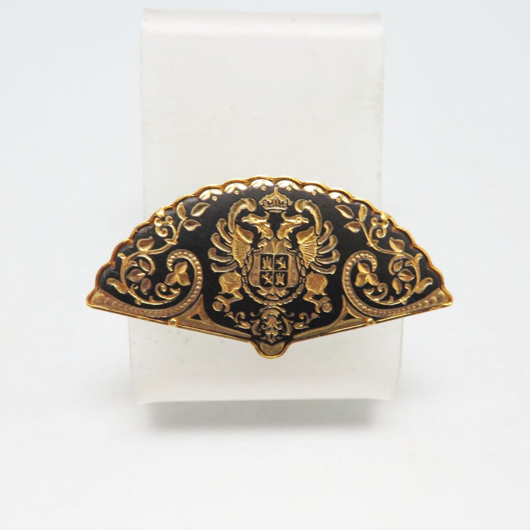 Vintage Damascene Enamel Gold Plated Fan Pin, 22KT Gold, Russian ...