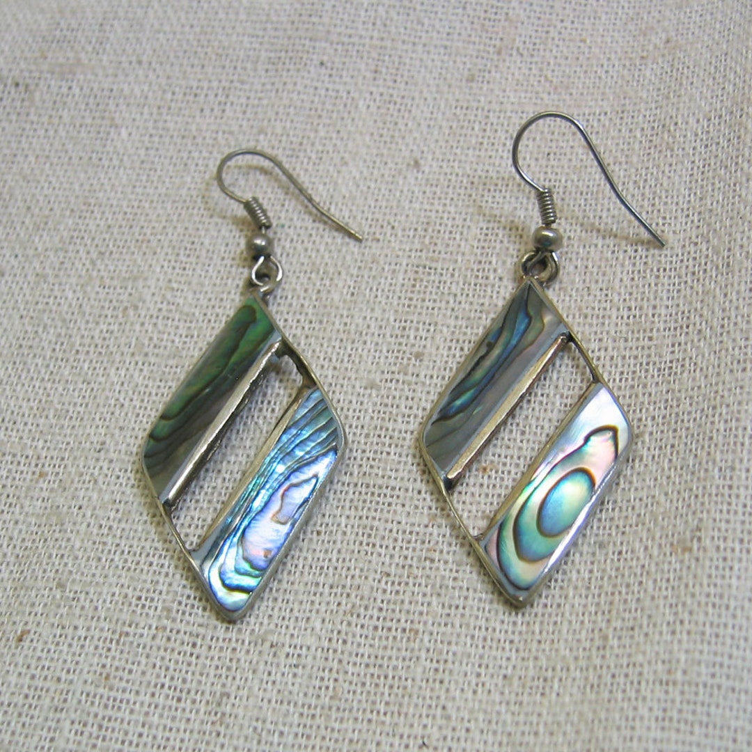 Vintage Alpaca Metal and Abalone Shell Diamond Shaped Pierced Earrings ...