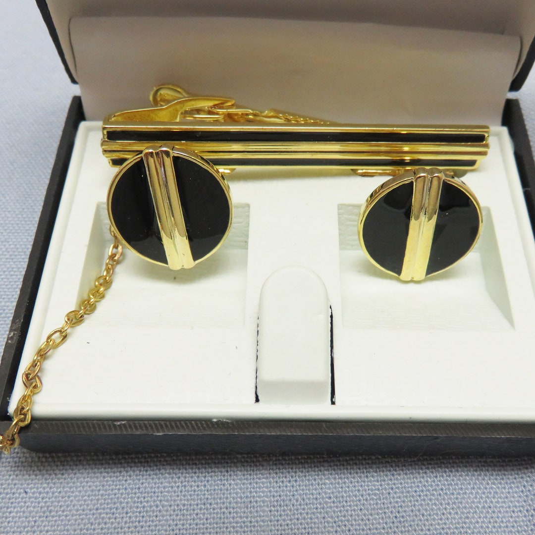 1980s MIB Modern Look Gold Plated Black Enamle Cufflinks and Tie Clasp ...