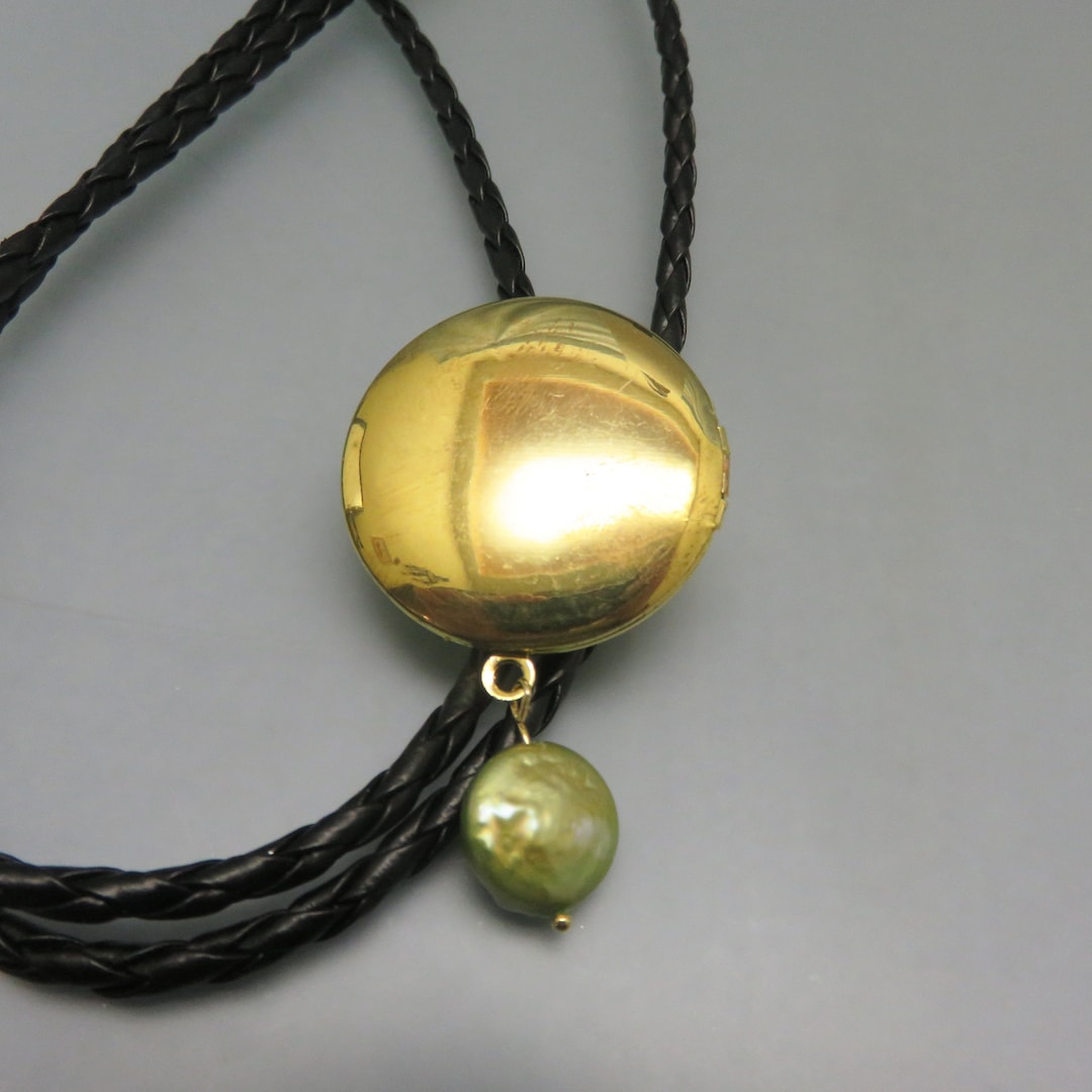 Hand Made Golden Locket Bolo Tie, Pearl Dangle - Etsy