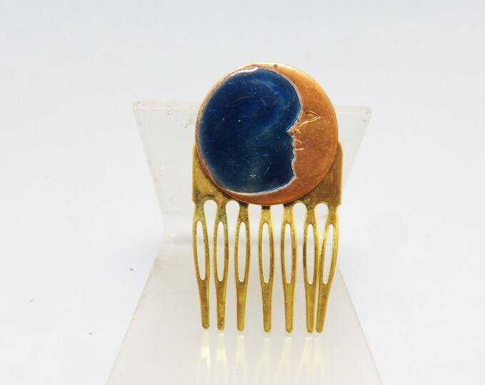 Petite Vintage Blue Enamel and Copper Moon Hair Comb , Goldtone Metal ...