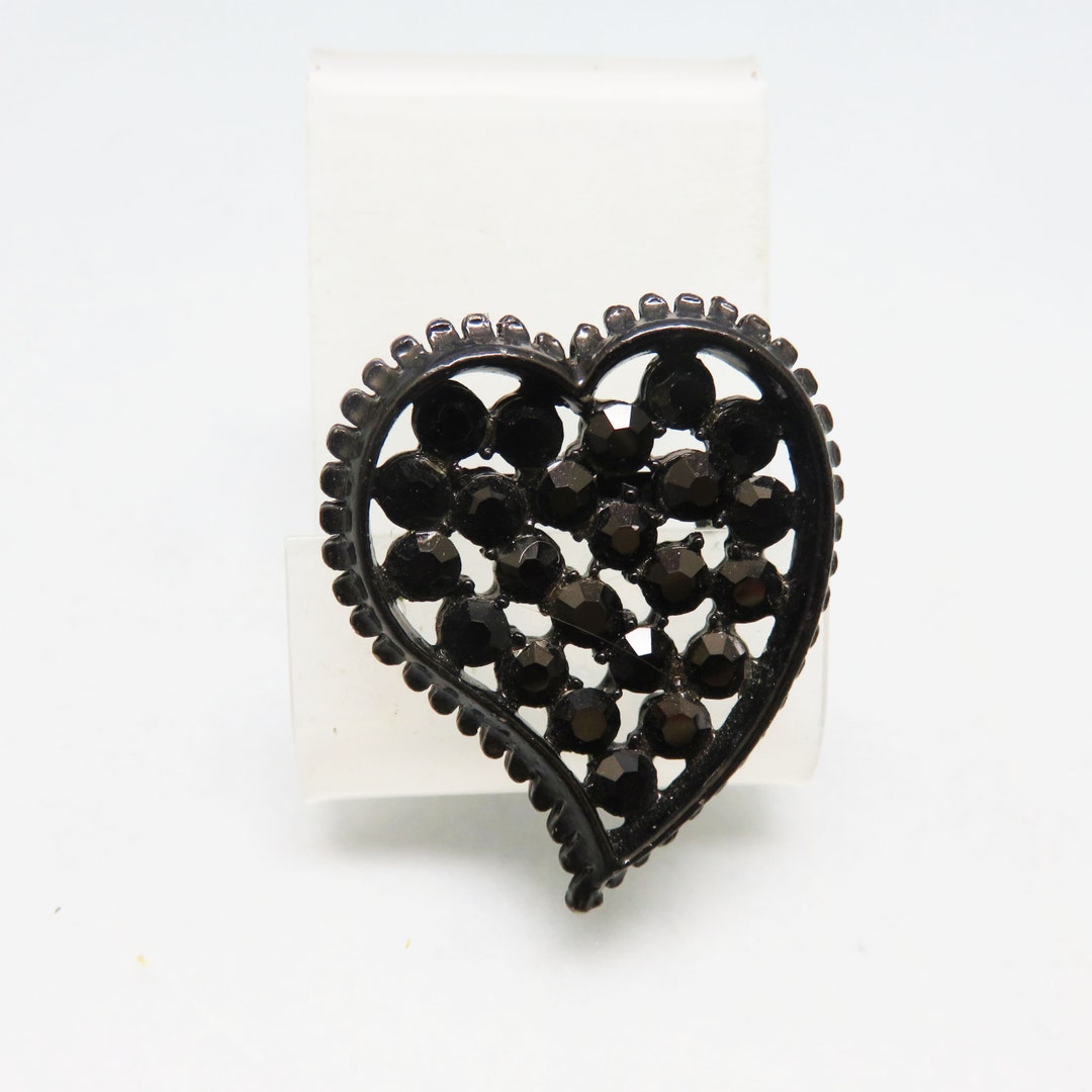 Vintage Black Rhinestone Heart Pin, for the Mysterious Woman, Vintage ...