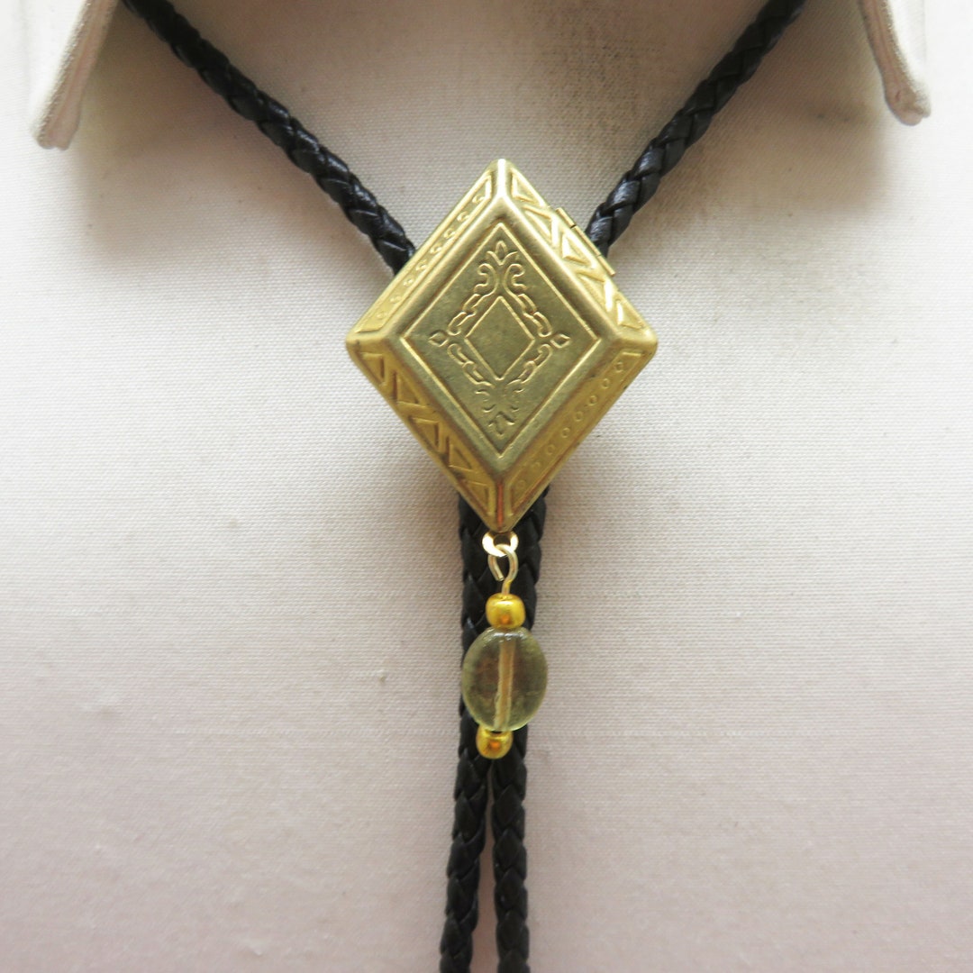Hand Made Golden Locket Bolo Tie, Gold Glazed Green Crystal Dangle - Etsy