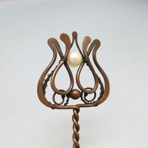 Vintage Antique Bronze Metal Hair Stick, Lyre Design, Real Pearl Accent ...