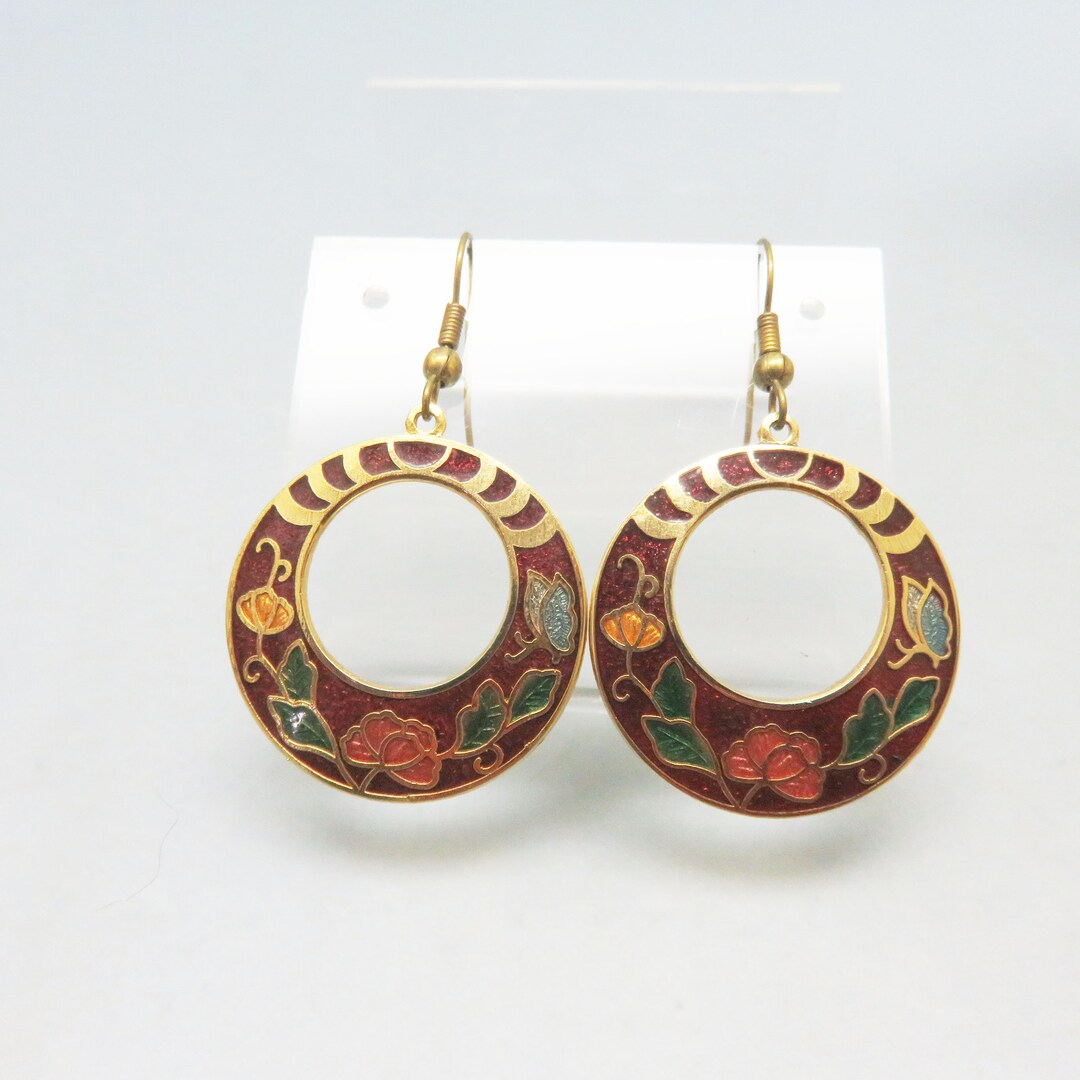 Rust Red, Pink and Green Cloisonne' Earrings, Flower Earrings, Vintage ...