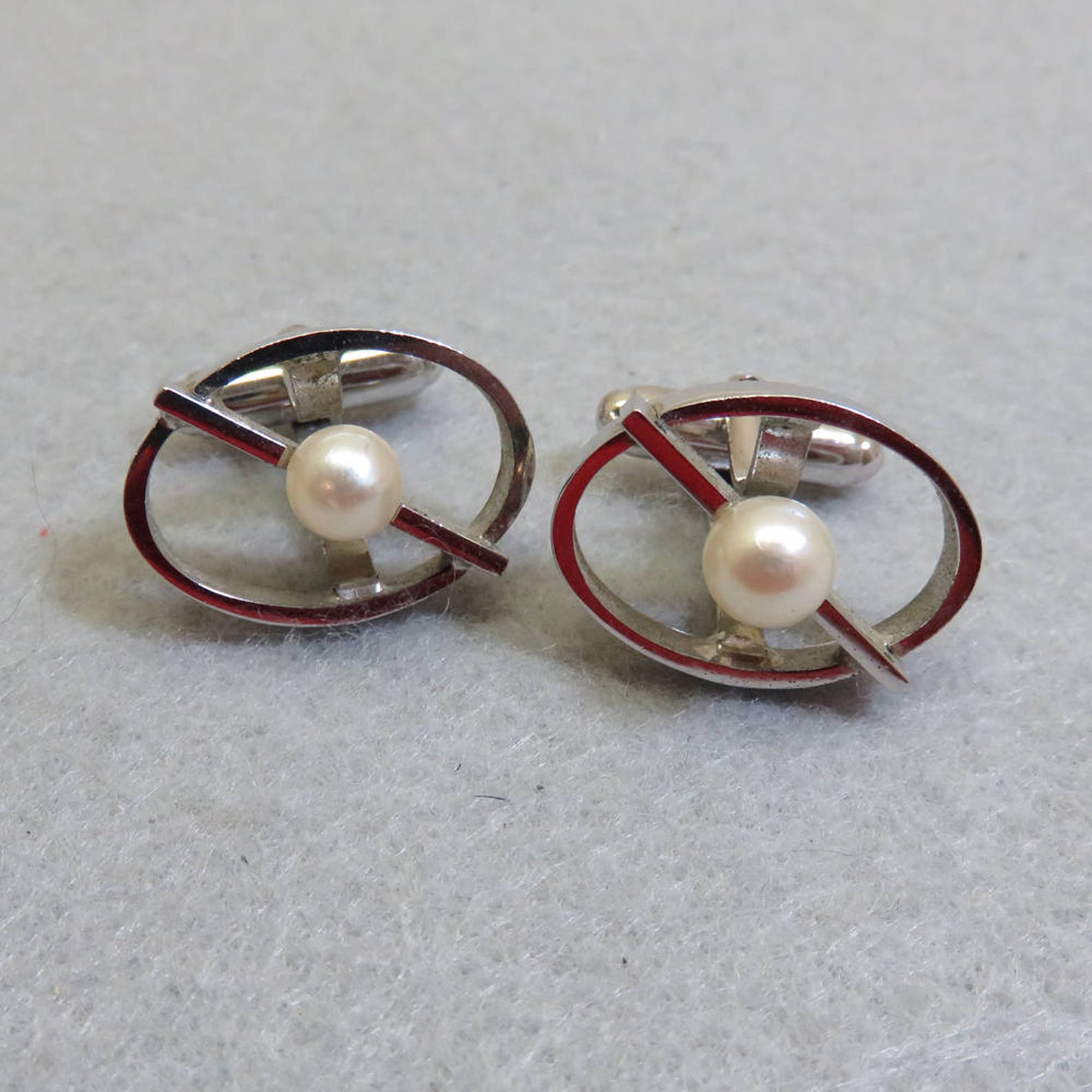 1960s Modern Geometric Real Pearl Silvery Cufflink Set - Etsy
