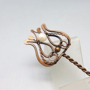 Vintage Antique Bronze Metal Hair Stick, Lyre Design, Real Pearl Accent ...