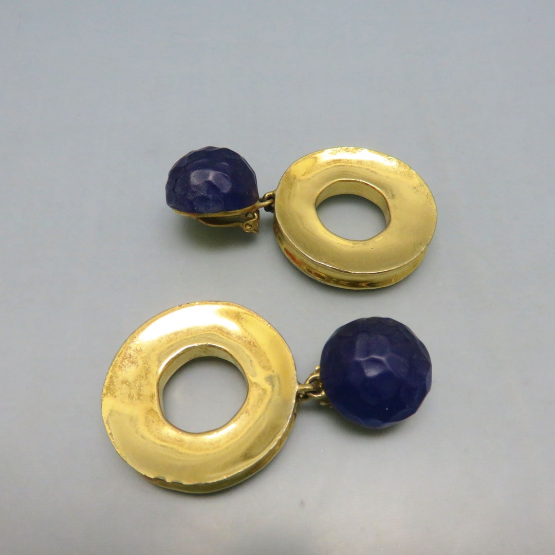 Vintage GIVENCHY Golden Hoop Door Knocker Style Clip Earrings, Blue ...