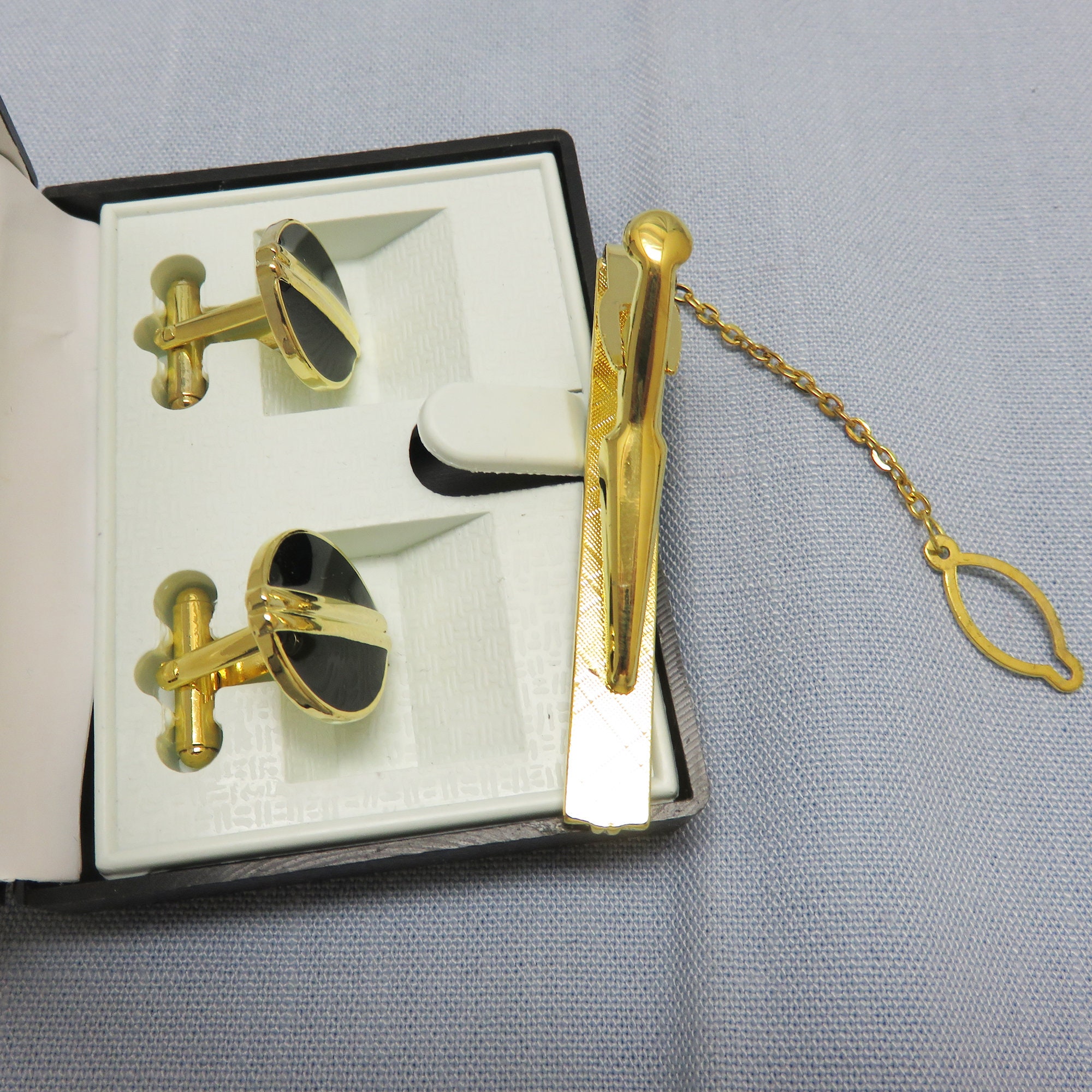 1980s MIB Modern Look Gold Plated Black Enamle Cufflinks and - Etsy