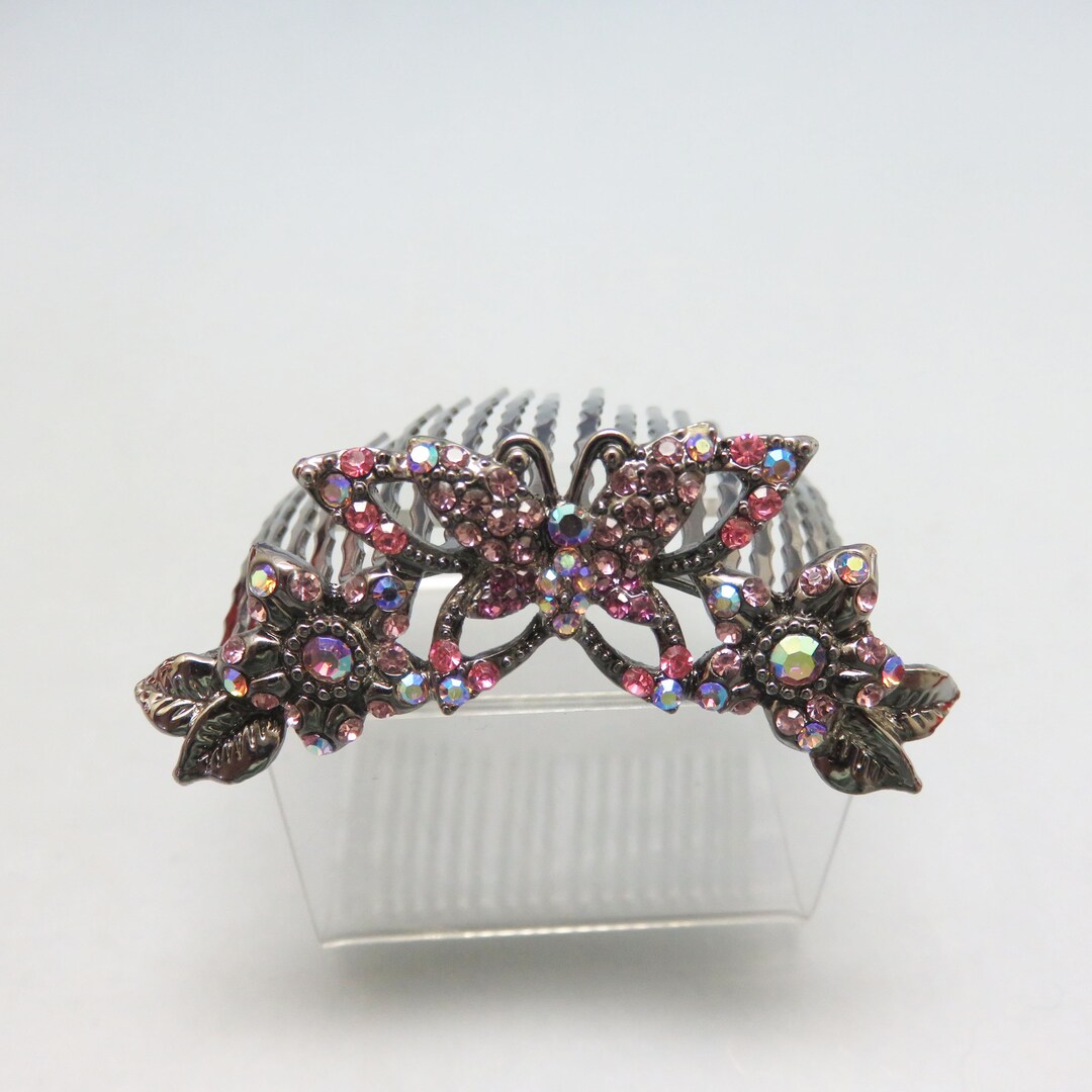 Vintage Pink Rhinestone Butterfly Hair Comb: Floral Silvertone ...