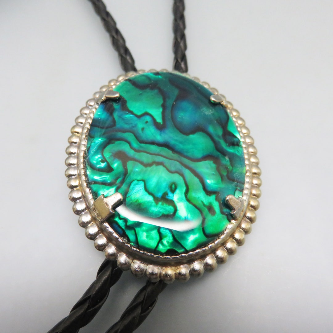 Green Paua Shell Bolo Tie: Handmade Western Silvertone Leatherette - Etsy
