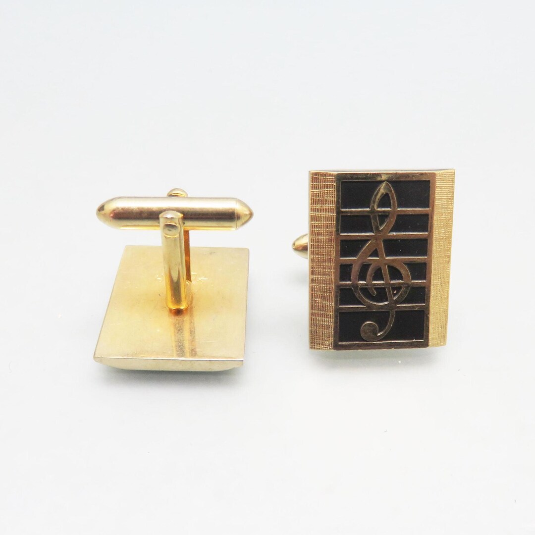 1980s Musical Notes Cuff Link Set, Black and Gold Vintage Swank ...
