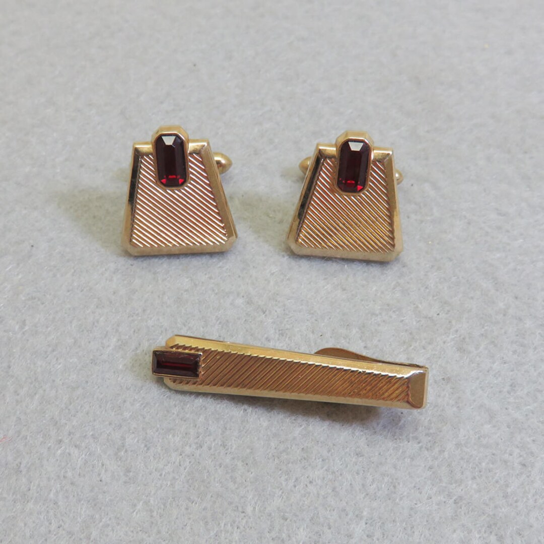 1960s SWANK Red Rhinestone Cuff Link and Tie Clasp Set - Etsy