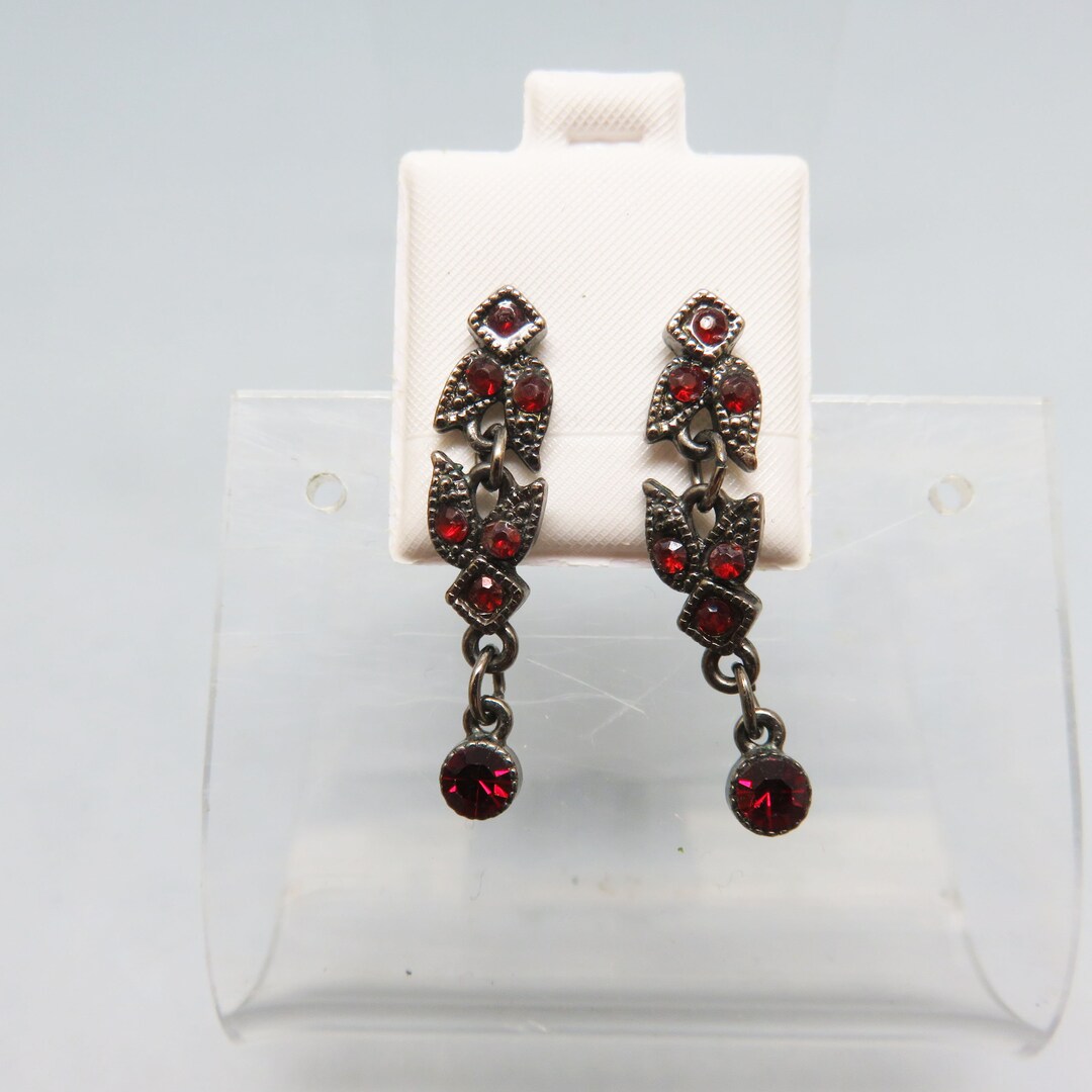 Dark Red Rhinestone Dangle Drop Pierced Earrings, Victorian Look - Etsy
