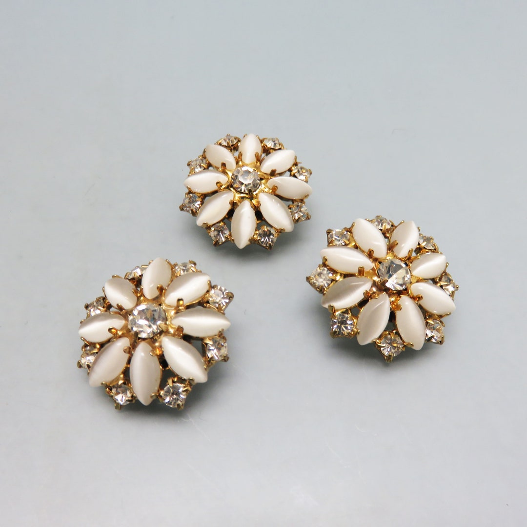 Set of 3 Rhinestone Flower Buttons: White Cats Eye Glass, Golden Metal ...
