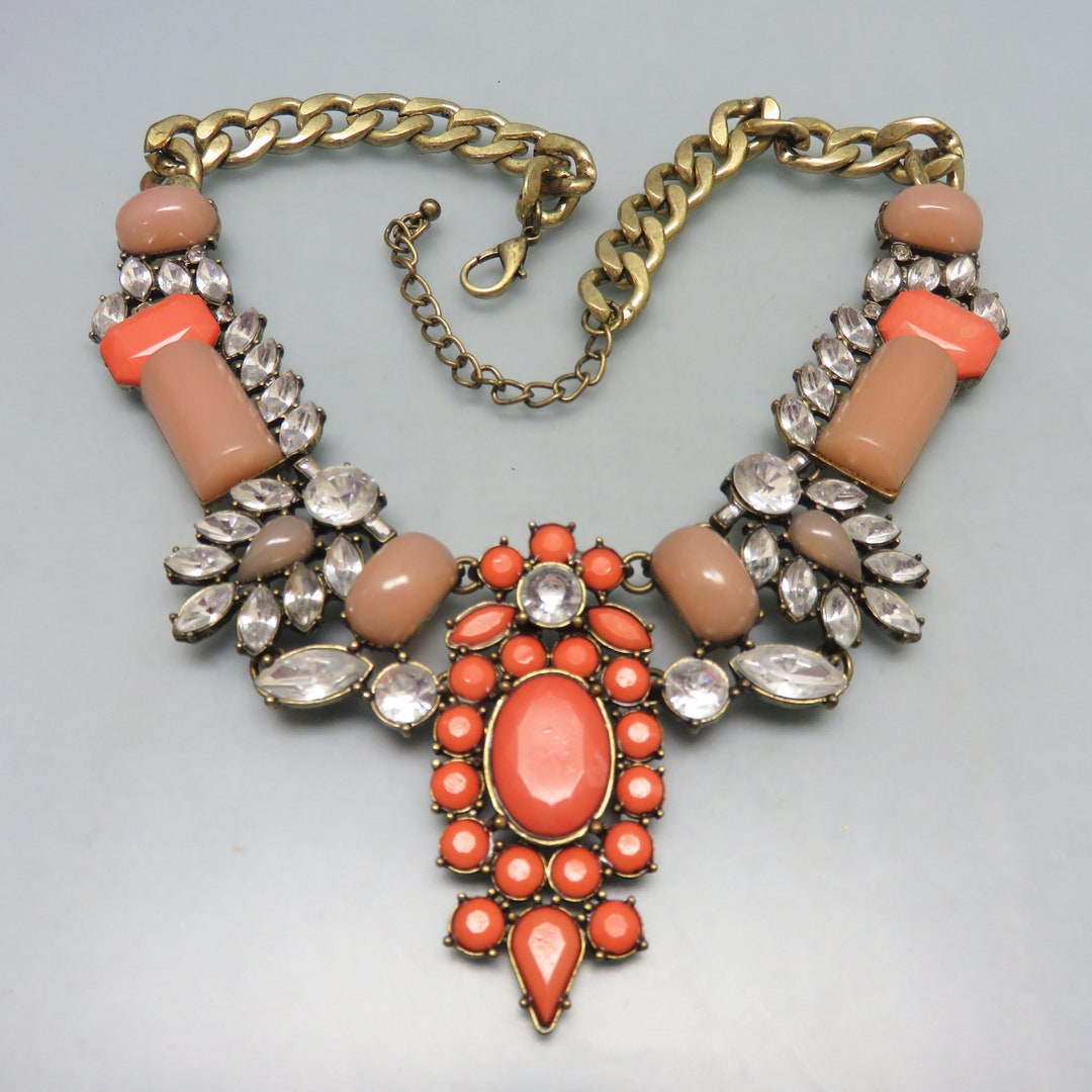 Chunky 2000s Plastic Bead and Rhinestone Necklace, 21 Inches, Coral and ...