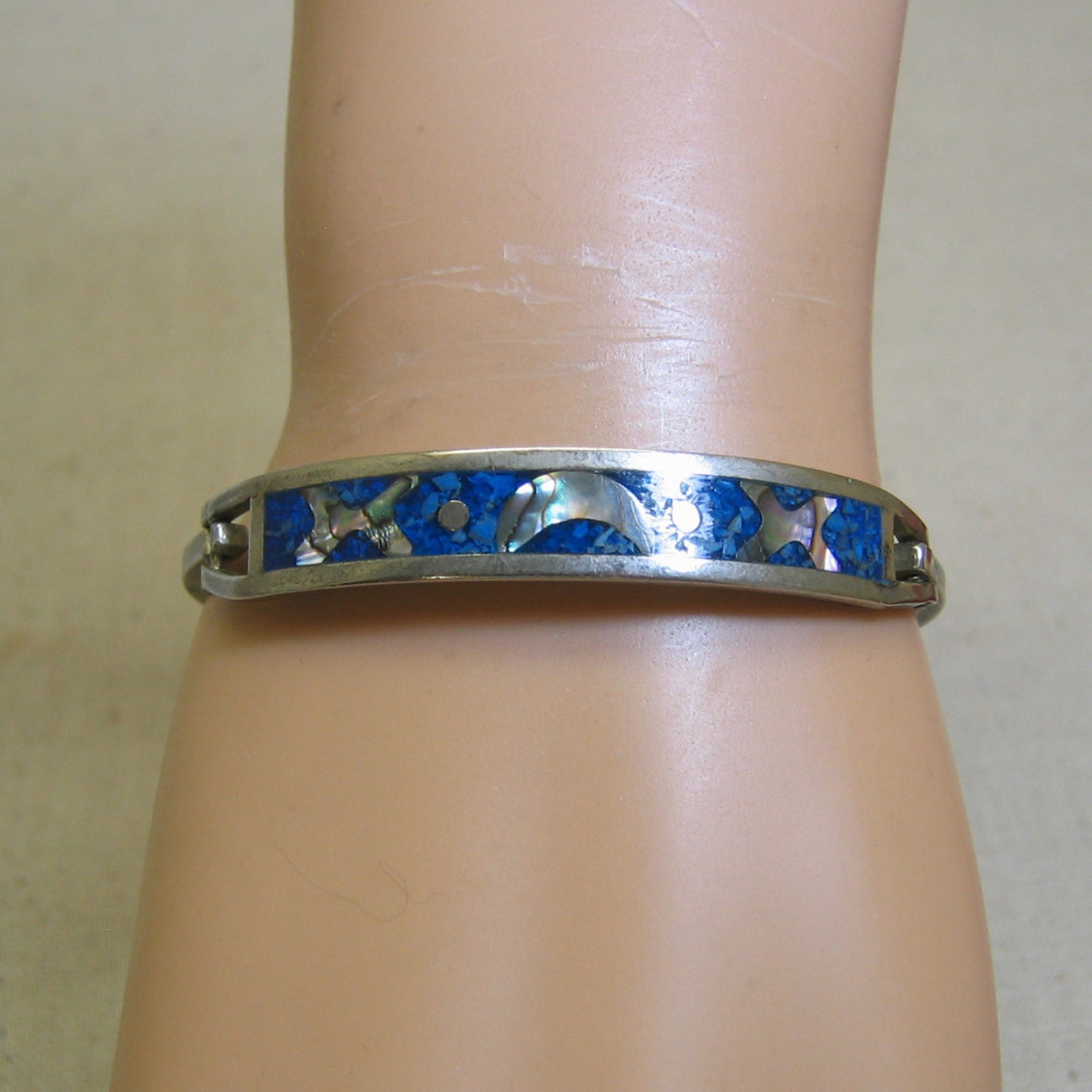 Abalone Alpaca Hinged Bangle Bracelet Blue Sodalite Mosaic - Etsy