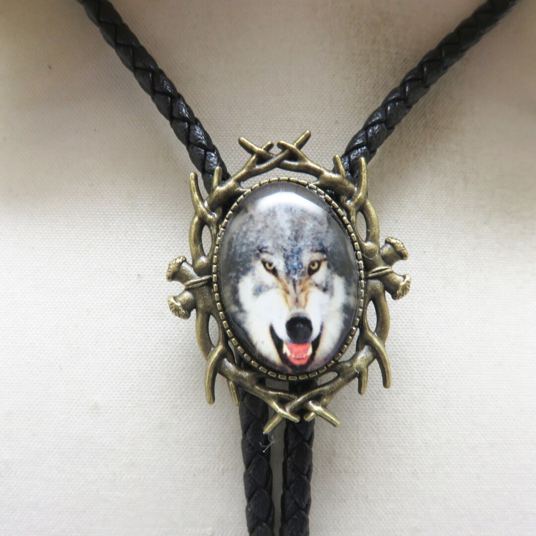 Gray Wolf Bolo Tie: Glass Picture, Golden Antler Frame, 36" Leather ...