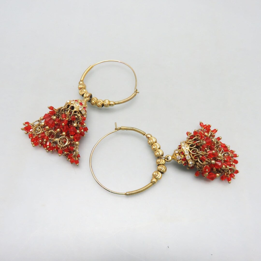 Gypsy Look Pierced Hoop Earrings, Hoop and Dangle Design With Red Beads ...