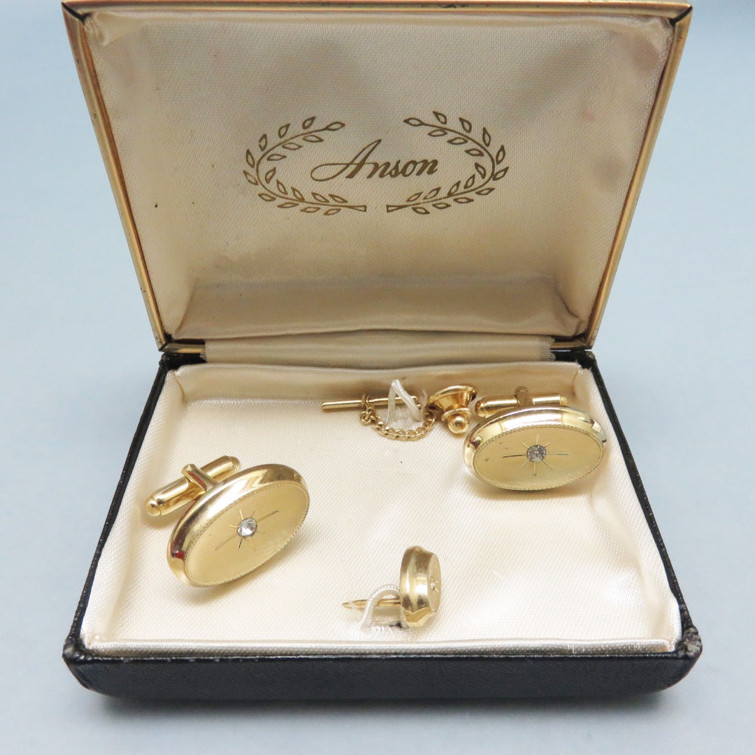 Vintage Gold Plated Rhinestone Anson Cufflinks and Tie Tack Set, Mint ...