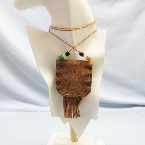 Native American Style Medicine Pouch Necklace Leather and Bone