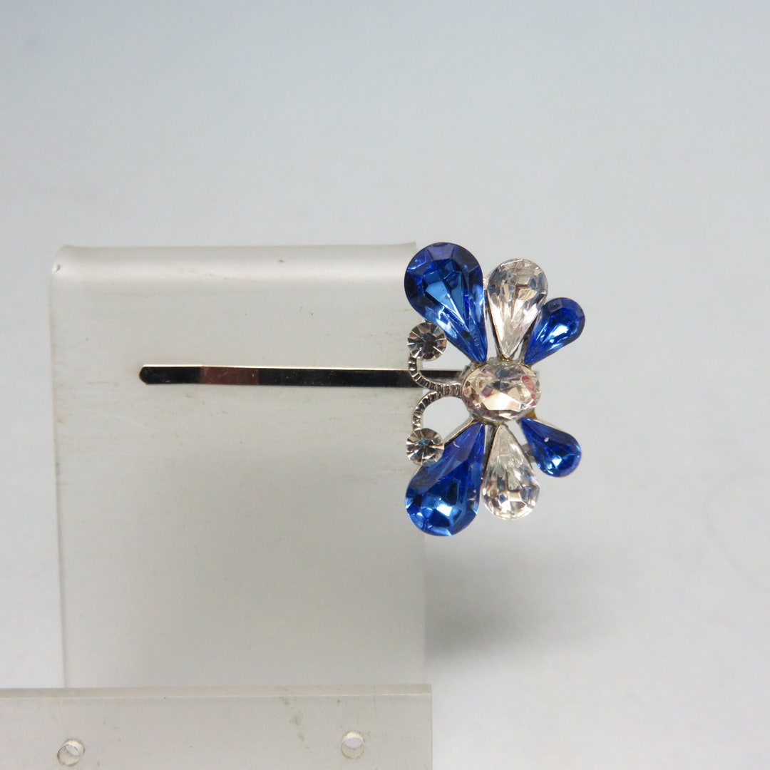 Vintage Clear and Blue Rhinestone Butterfly Bobby Pin, Decorated Hair ...