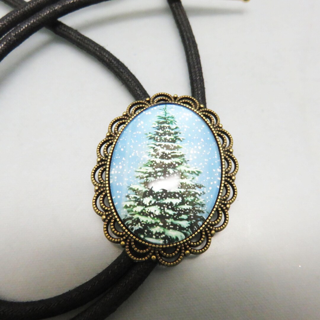 Vintage Pine Tree in Snow Bolo Tie: Glass Cabochon, Black Leather Cord ...