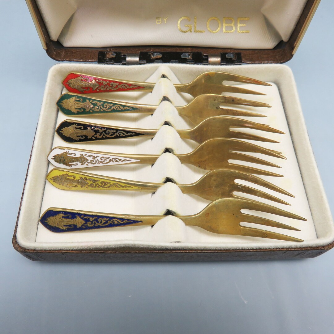 Bronze and Enamel Cocktail Forks, Set of 6, Vintage Appetizer Forks ...