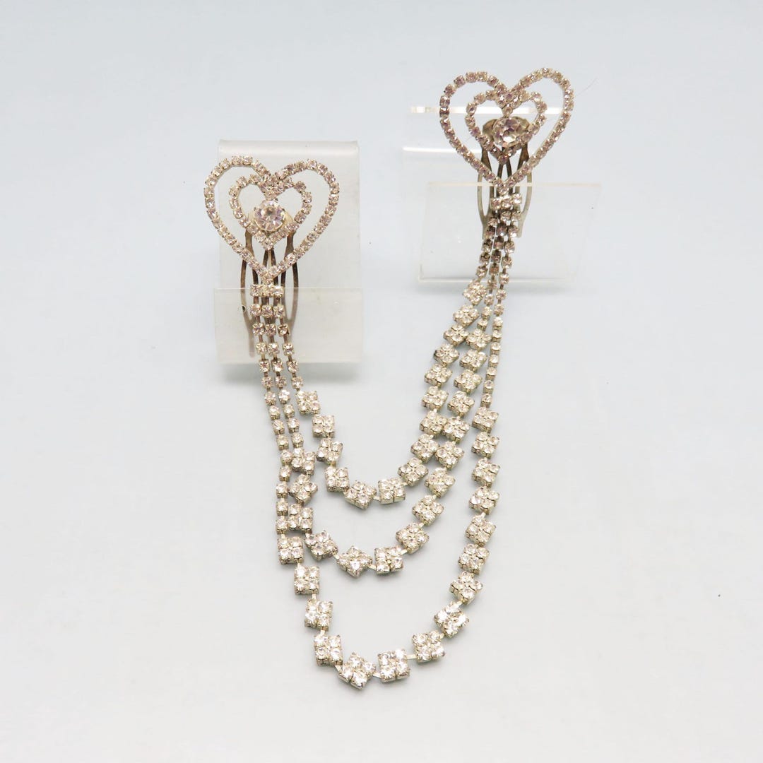 Vintage Heart Shaped, Chained Together Clear Rhinestone Hair Comb ...