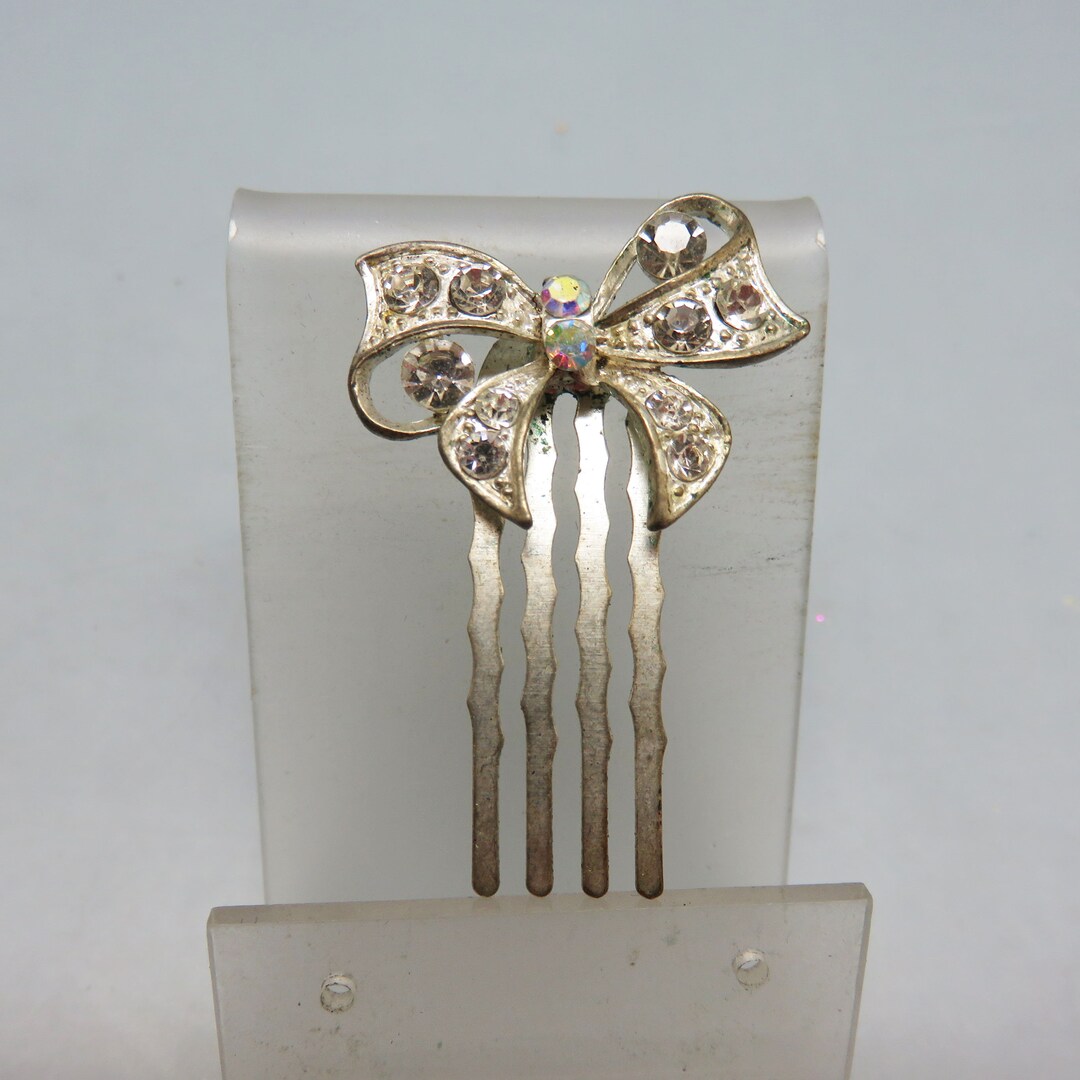 Vintage Rhinestone Bow Hair Comb - 1960s Silvertone Accessory - Etsy